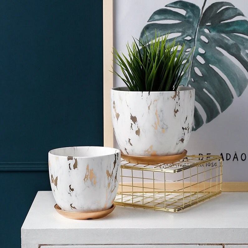 Modern Marbleised Ceramic Plant Pot With Tray/plate - Etsy
