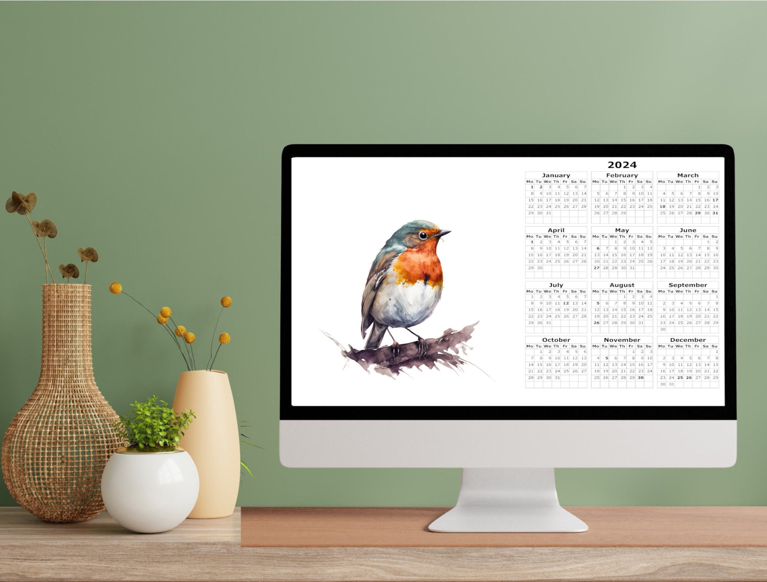 Instant Download 2024 Calendar Robin PC Laptop Background Wallpaper ...