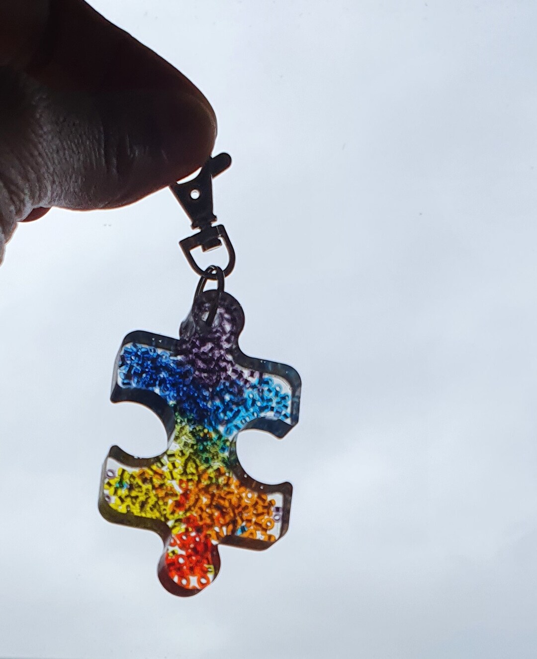 Rainbow Glass Bead Puzzle Keyring: Silver Glitter Resin Bag Charm - Etsy UK