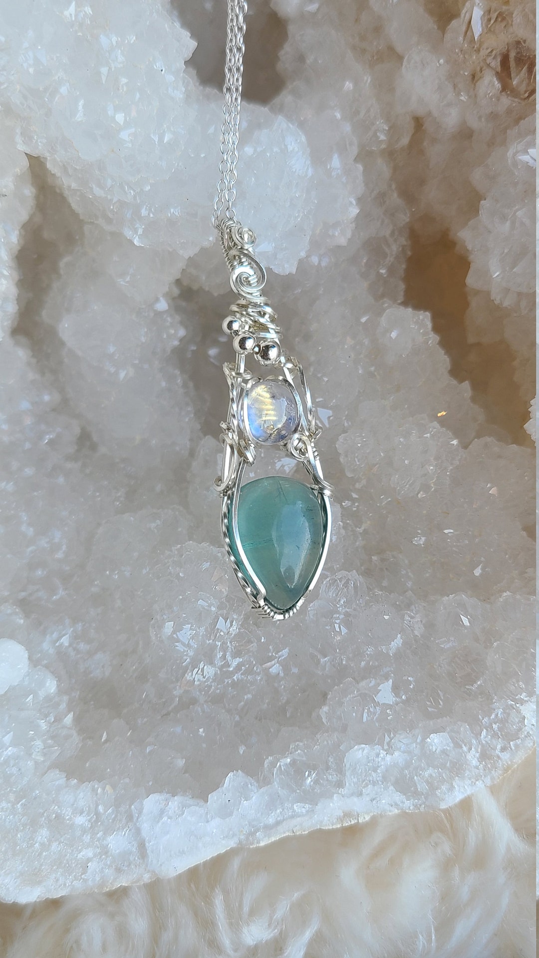 Belgian Teal Fluorite and Moonstone Pendant Wrapped in Sterling Silver ...