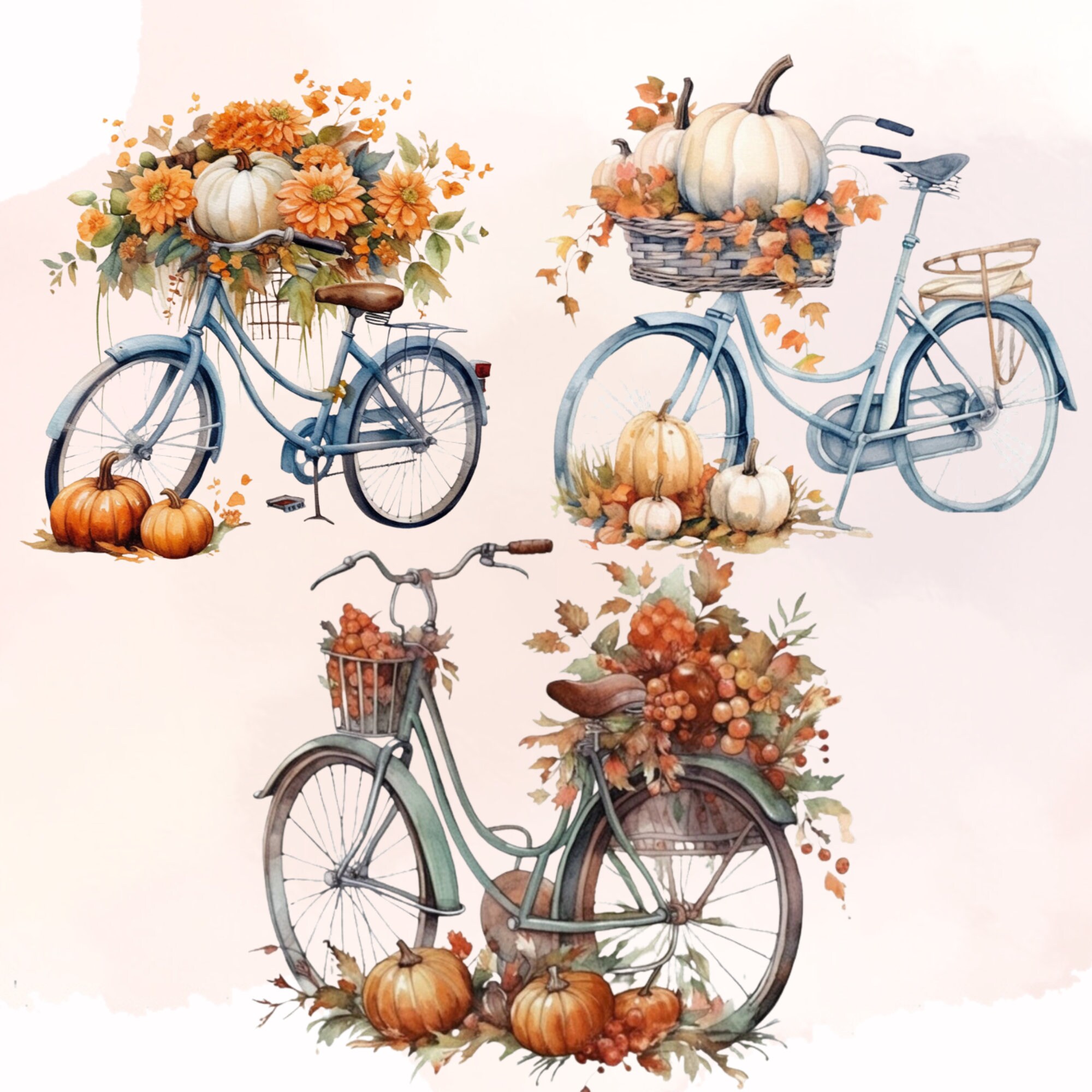 20 Victorian Fall Bicycle Clipart Flower PNG Pastel Watercolor Bundle ...