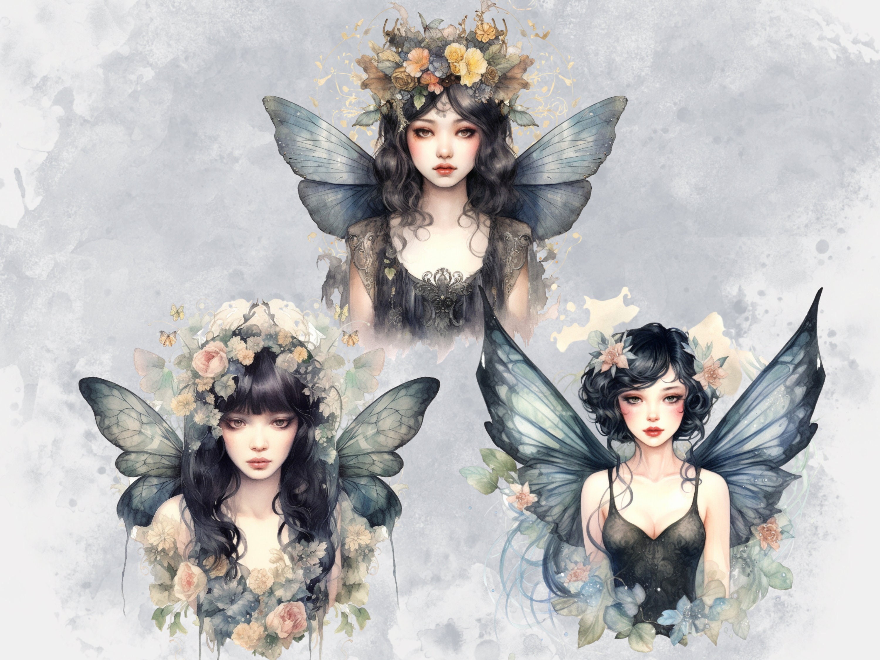 Cute Goth Fairycore Fairy Watercolor Clipart 15 Transparent PNG Fantasy ...