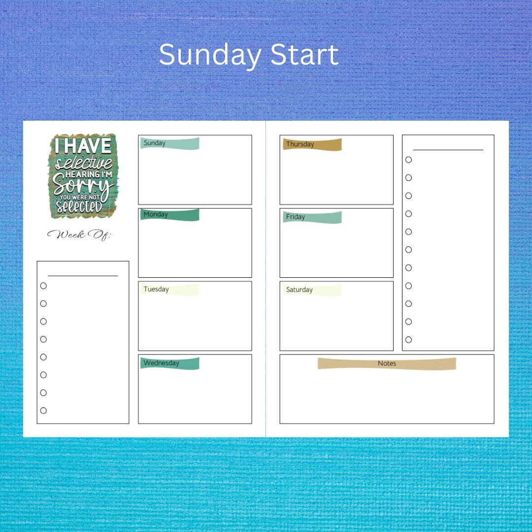 Snarky Weekly Planner - Printable - Full Page - 2 Page Spread - Sun or ...