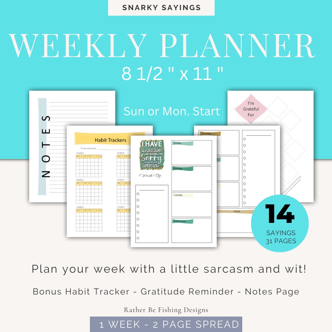 Snarky Weekly Planner - Printable - Full Page - 2 Page Spread - Sun or ...