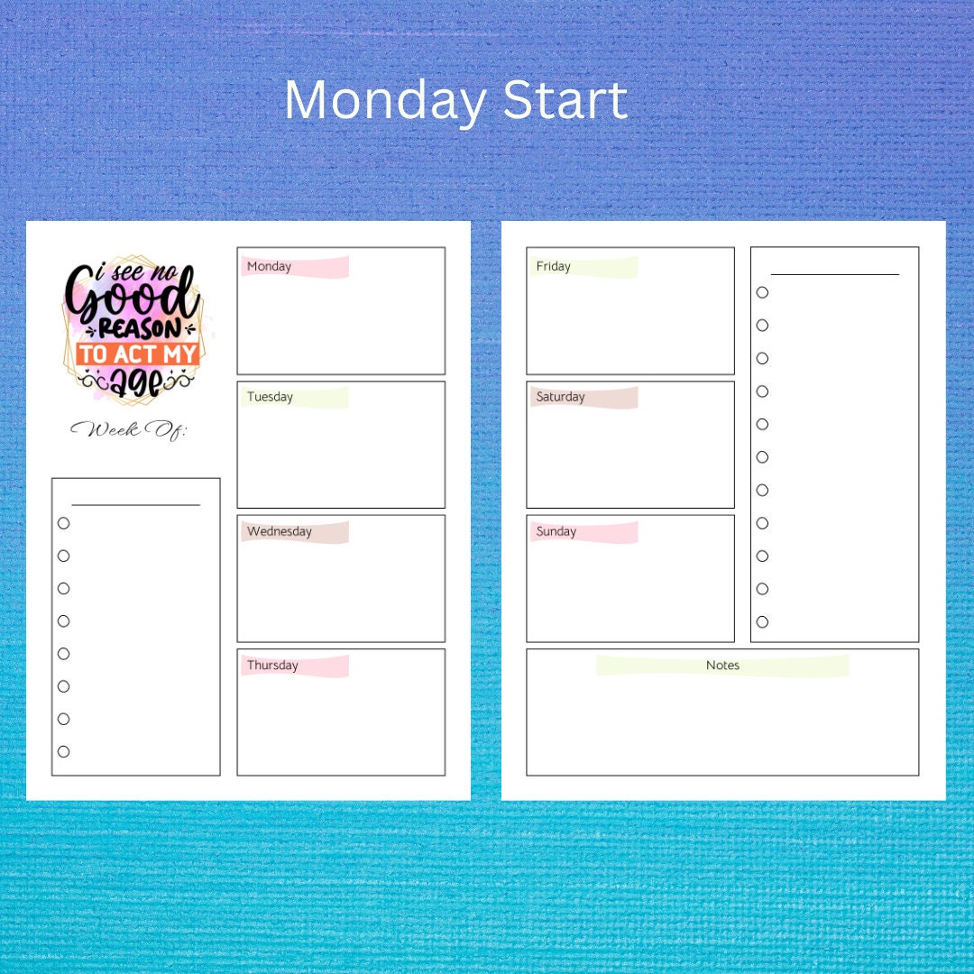 Snarky Weekly Planner - Printable - Full Page - 2 Page Spread - Sun or ...