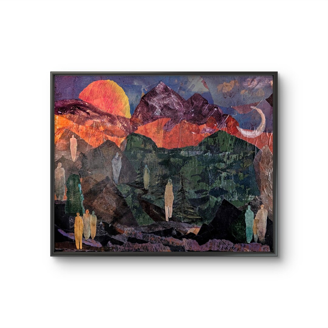 Original Landscape Collage Art, Framed Mixed Media Mountain Scene With ...