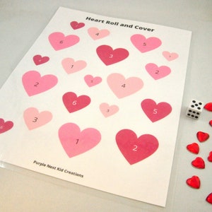 Hearts Roll and Cover Worksheet, Numbers 1-6, Counting Activity, Math ...