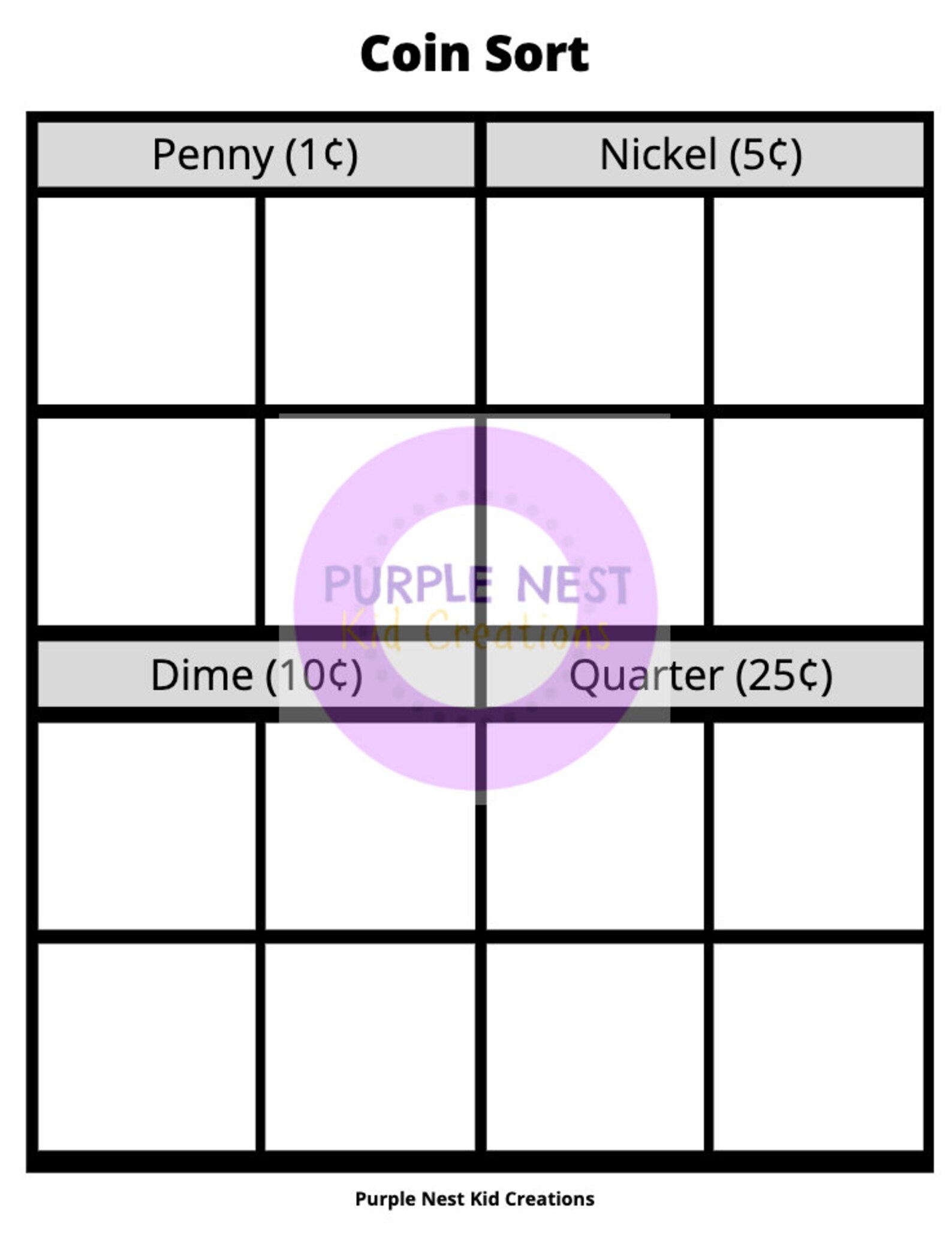 Coin Sort Worksheet American Coins Sorting Game Educational - Etsy