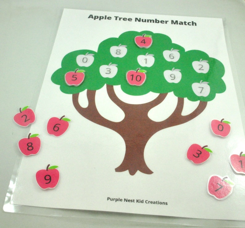 Apple Tree Number Match Worksheet, Number Matching Game, Educational ...