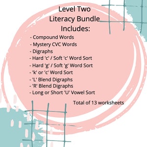 Level Two Literacy Bundle, Digital Download, Compound Words, Digraphs ...