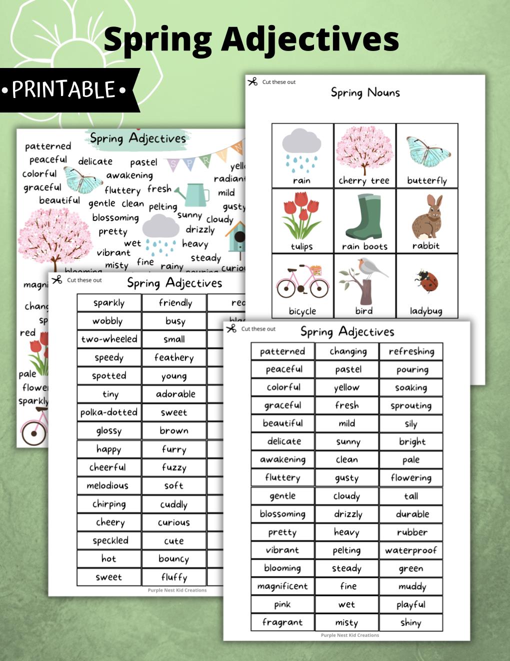 Spring Adjectives Chart and Matching Activity: Literacy Writing ...