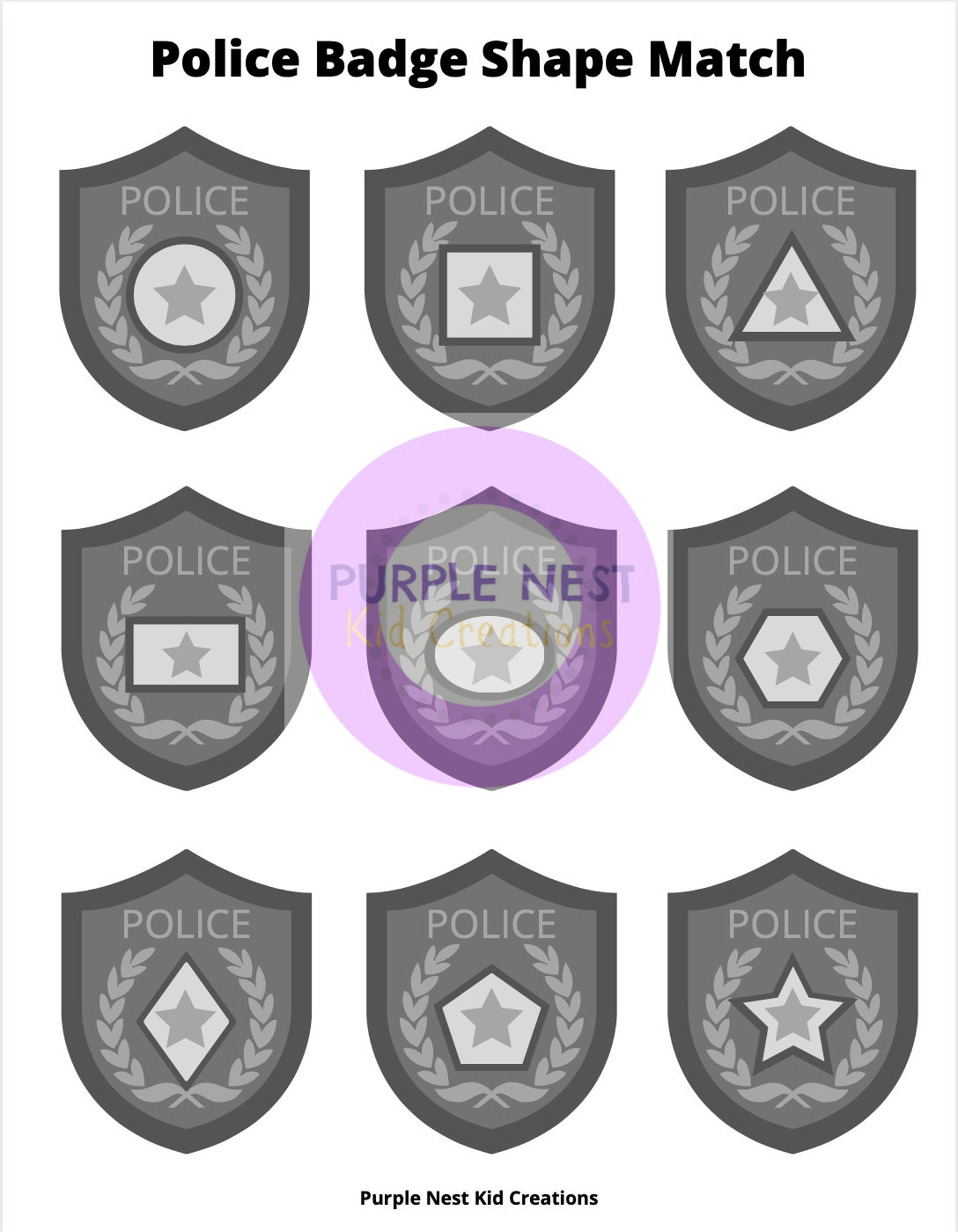 Police Badge Shape Match Worksheet Shape Matching Game - Etsy