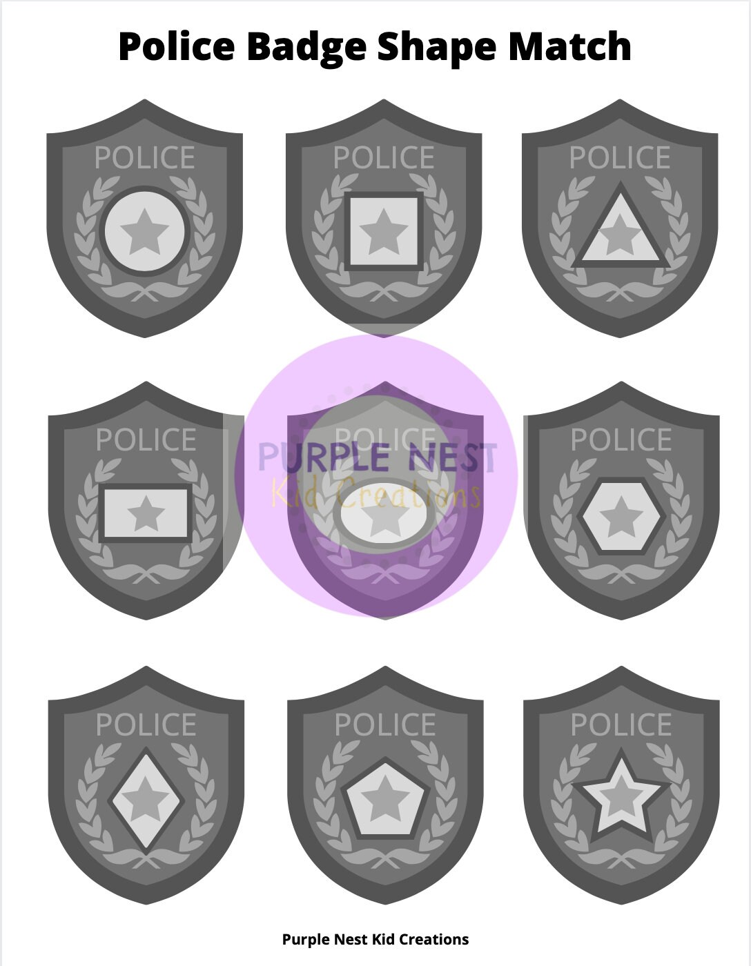 Police Badge Shape Match Worksheet, Shape Matching Game, Educational ...