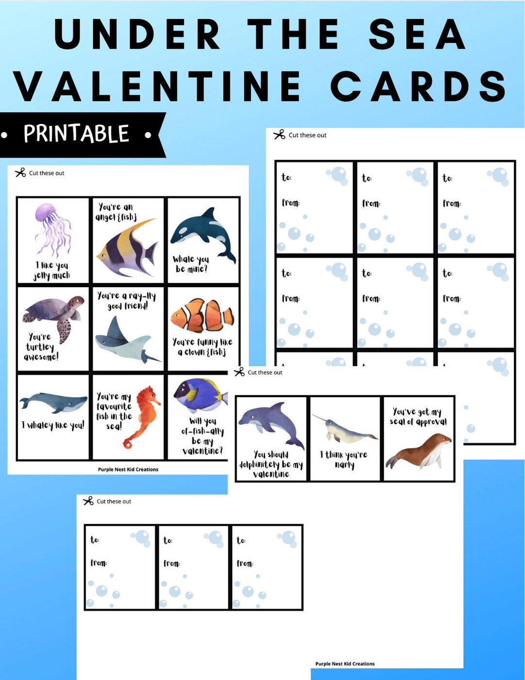 Under the Sea Valentine Cards Printable, Digital Download, Valentine's ...