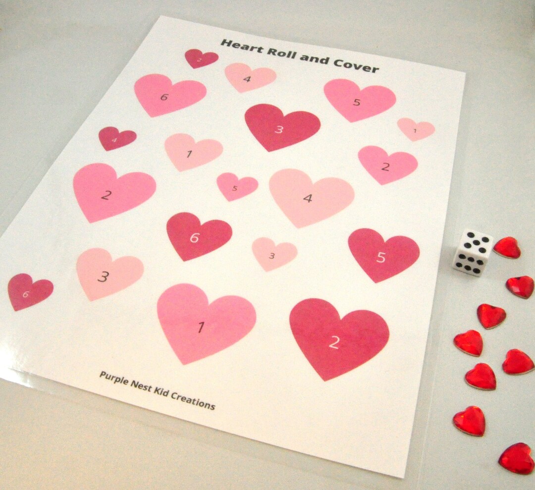 Hearts Roll and Cover Worksheet, Numbers 1-6, Counting Activity, Math ...