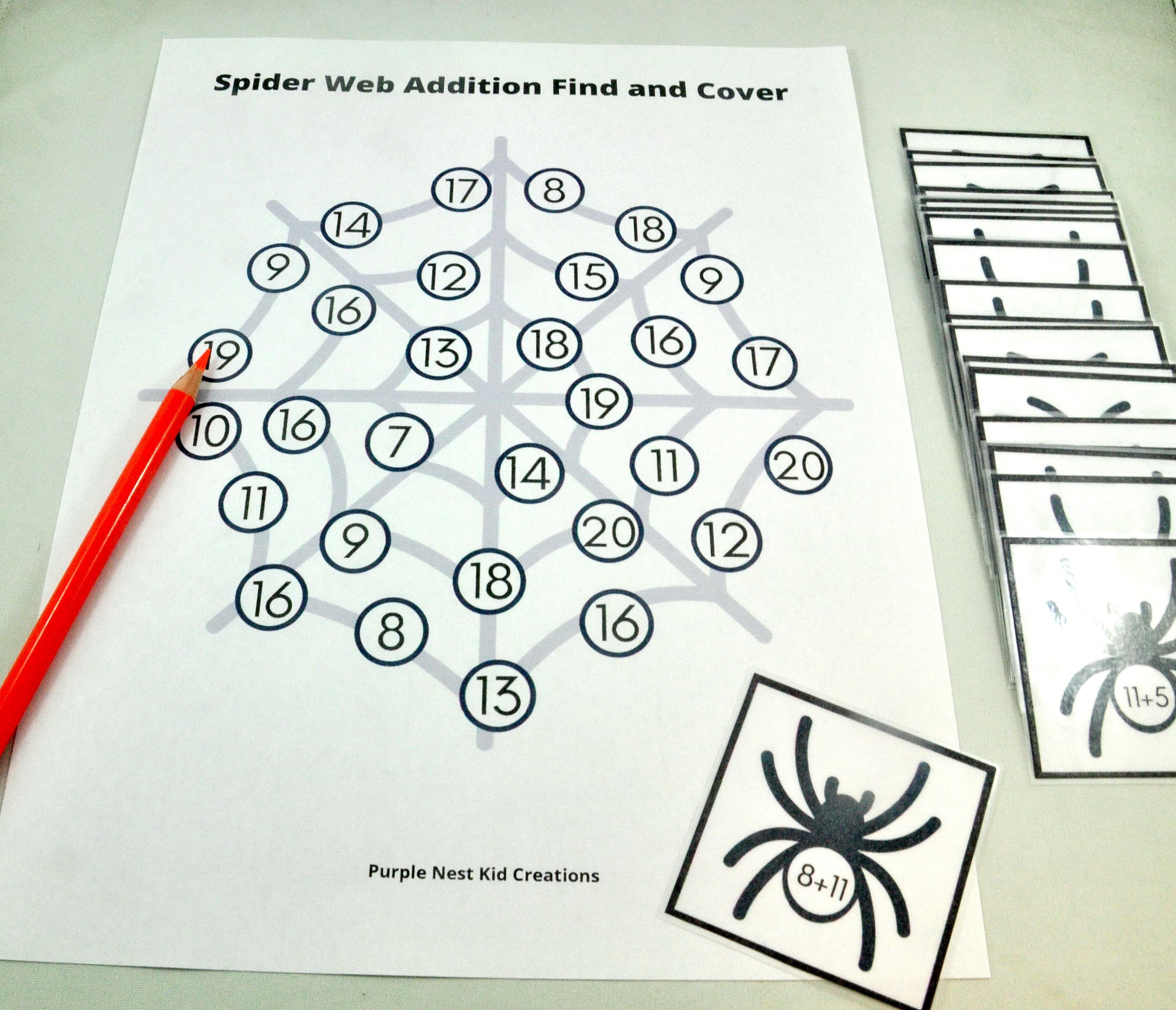 Spider Web Addition Game: Find and Cover Math Activity (PDF) - Etsy