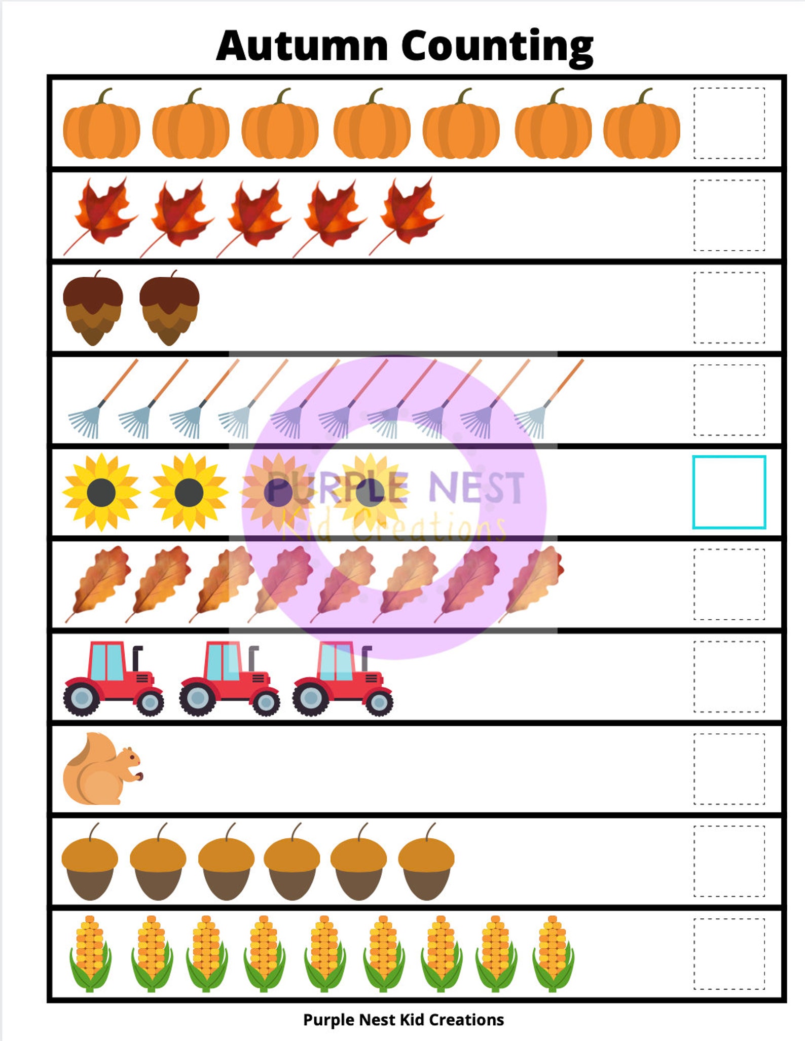 Autumn Counting Worksheet Fall Counting Game Numbers | Etsy