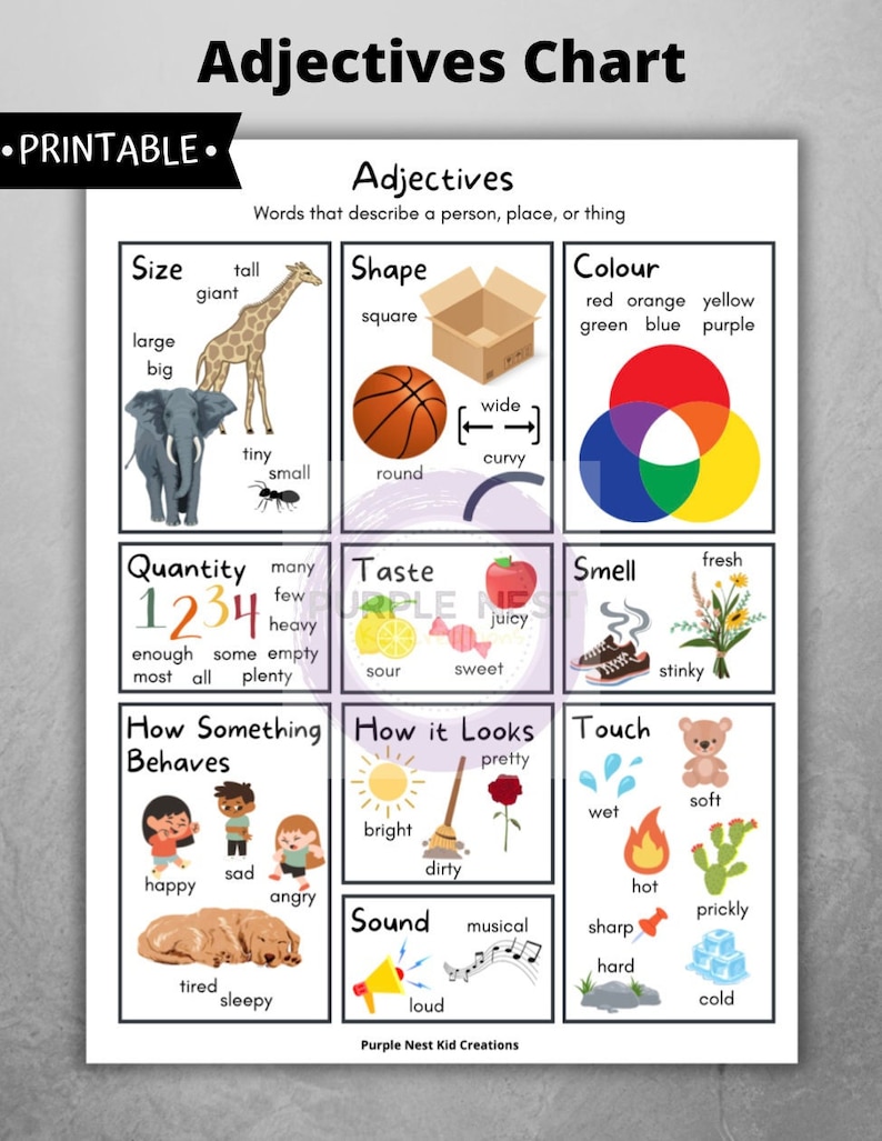 Adjectives Chart: Writing Reference for Students (digital Download) - Etsy