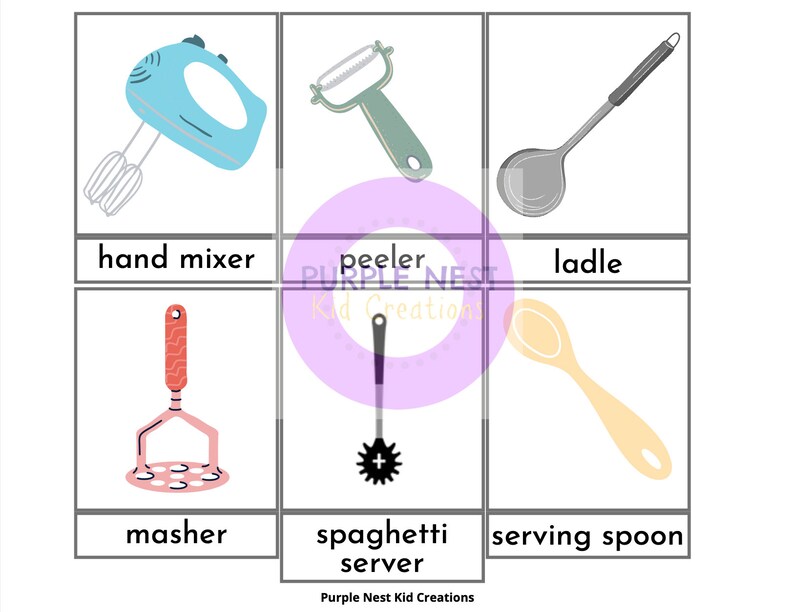 Kitchen Tools Flash Cards Montessori Nomenclature Three - Etsy