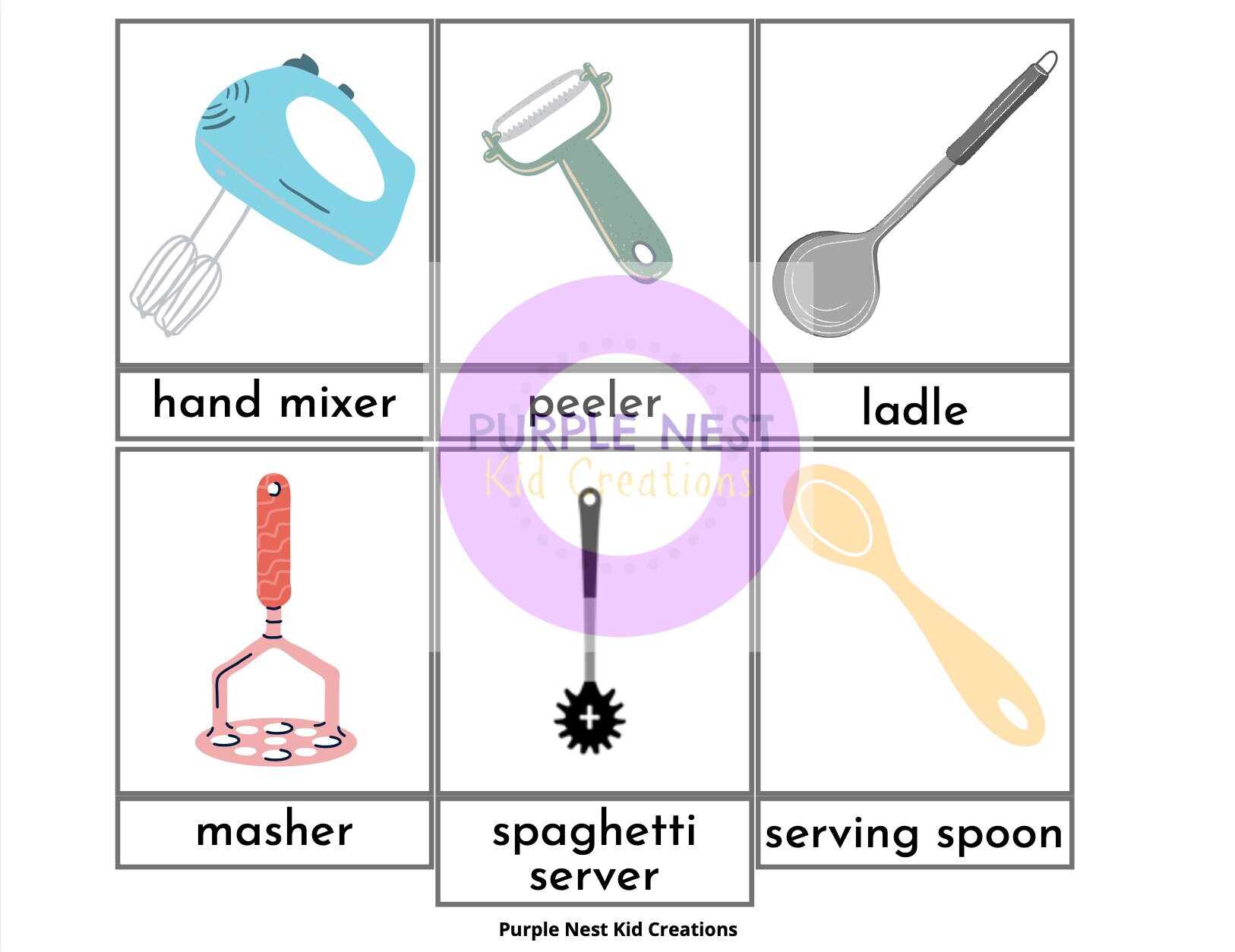 Kitchen Tools Flash Cards: Montessori Three Part Cards (digital ...