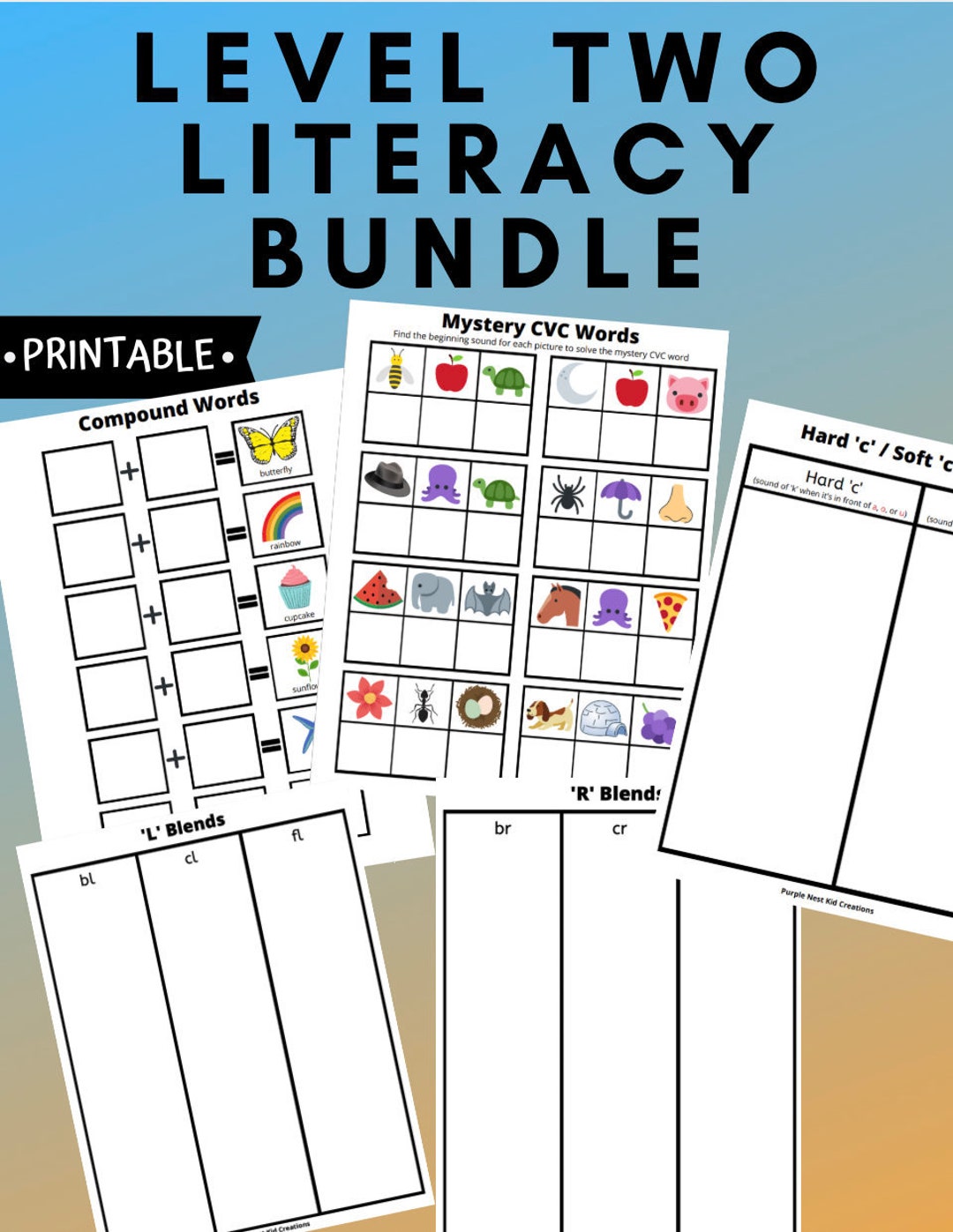 Level Two Literacy Bundle, Digital Download, Compound Words, Digraphs ...