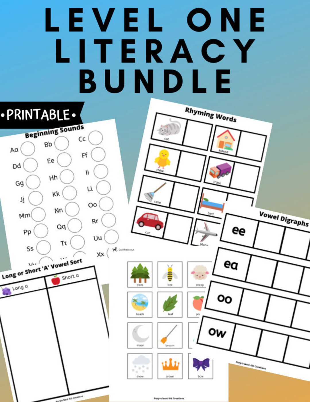 Level One Literacy Bundle, Digital Download, Alphabet, Rhyming ...