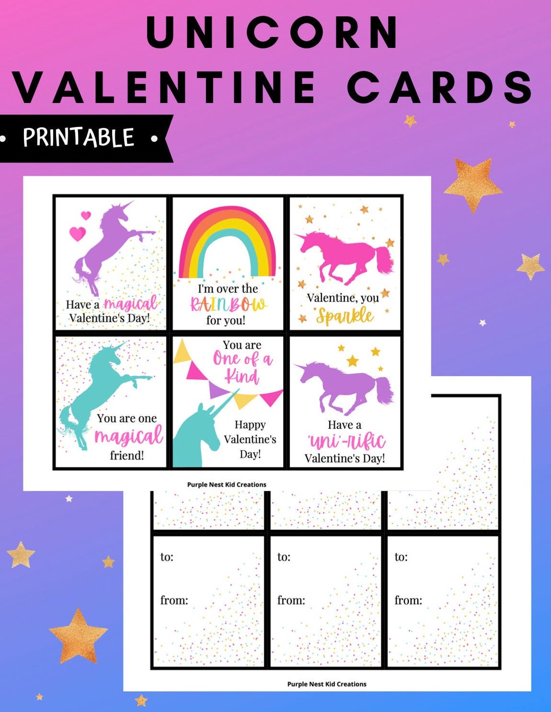 Unicorn Valentine's Day Cards: Rainbow Magical Printables (digital ...