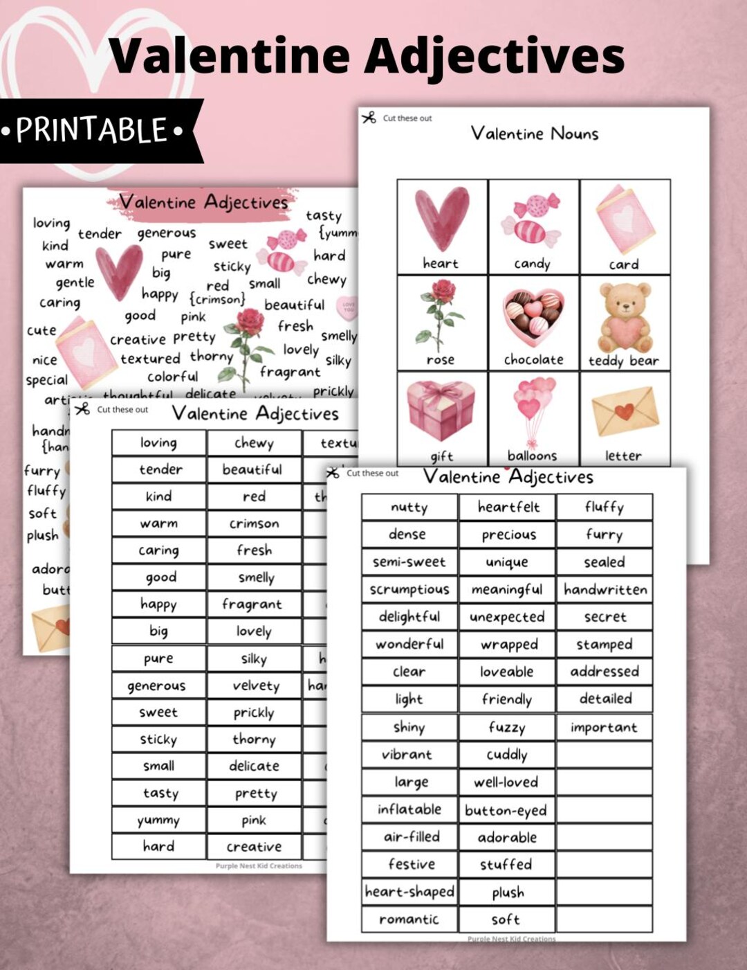 Valentine Adjectives Chart and Matching Activity: Literacy Writing ...