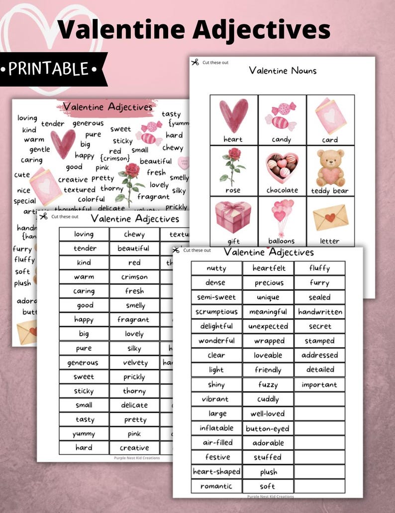 Valentine Adjectives Chart and Matching Activity: Literacy Writing ...