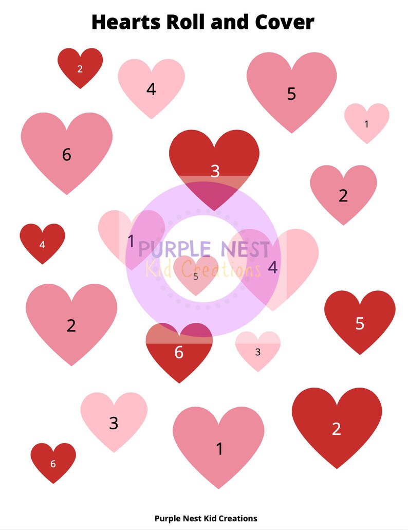 Hearts Roll and Cover Worksheet Numbers 1-6 Counting | Etsy