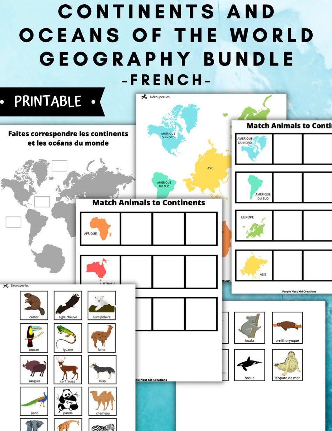 French Continents & Oceans Matching Game: Animals, Geography (digital ...