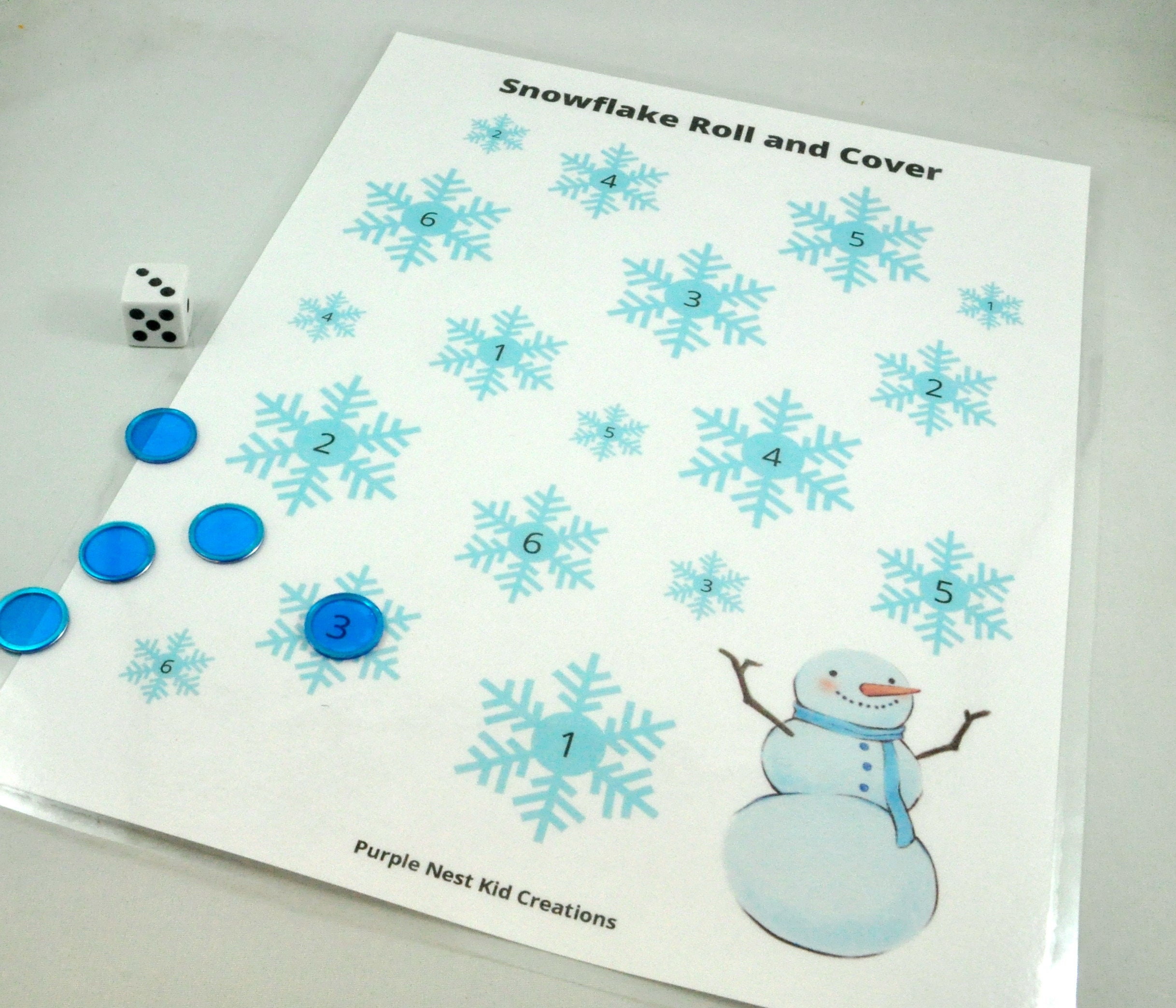 Snowflake Roll and Cover Worksheet Numbers 1-6 Counting | Etsy