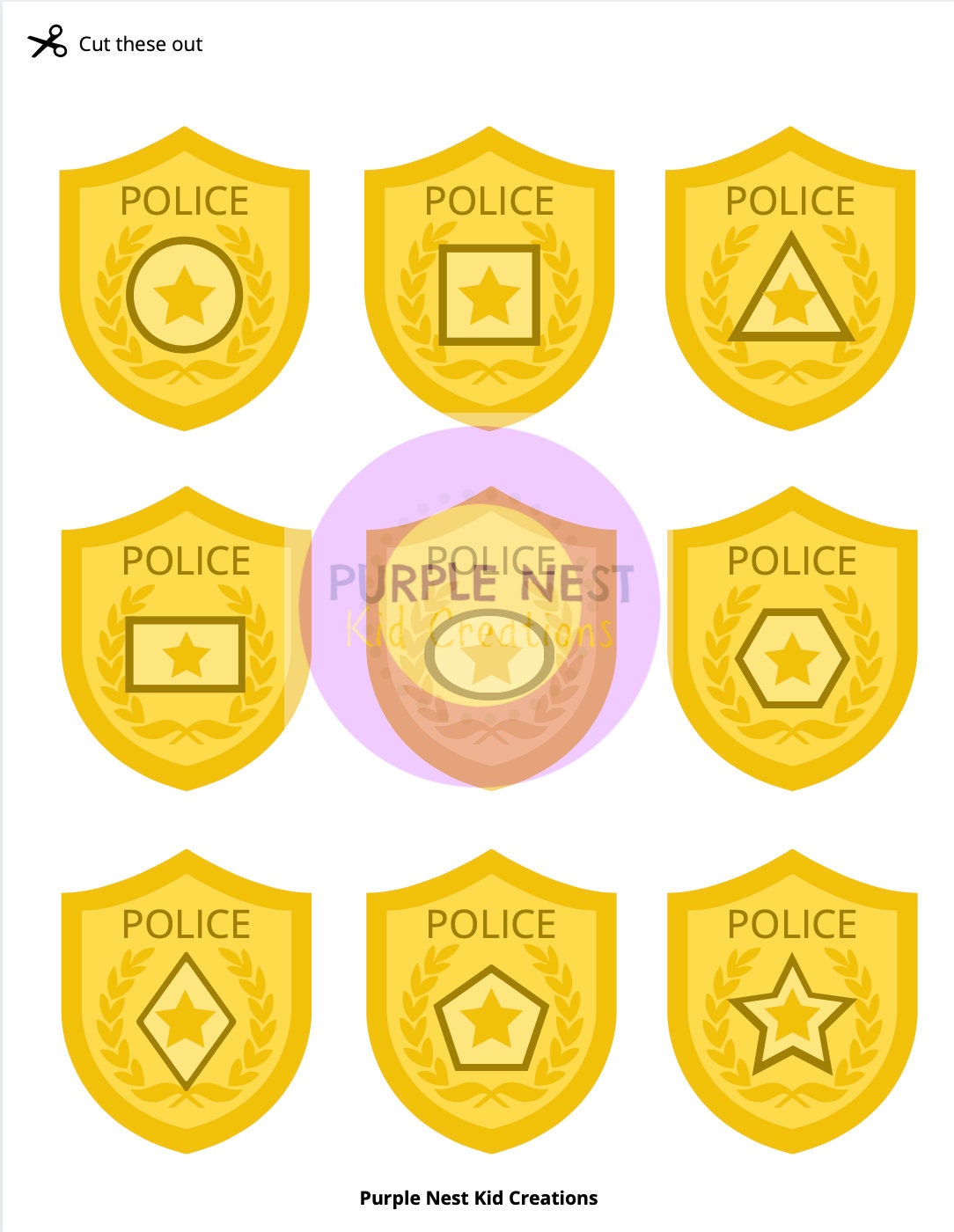Police Badge Shape Match Worksheet, Shape Matching Game, Educational ...