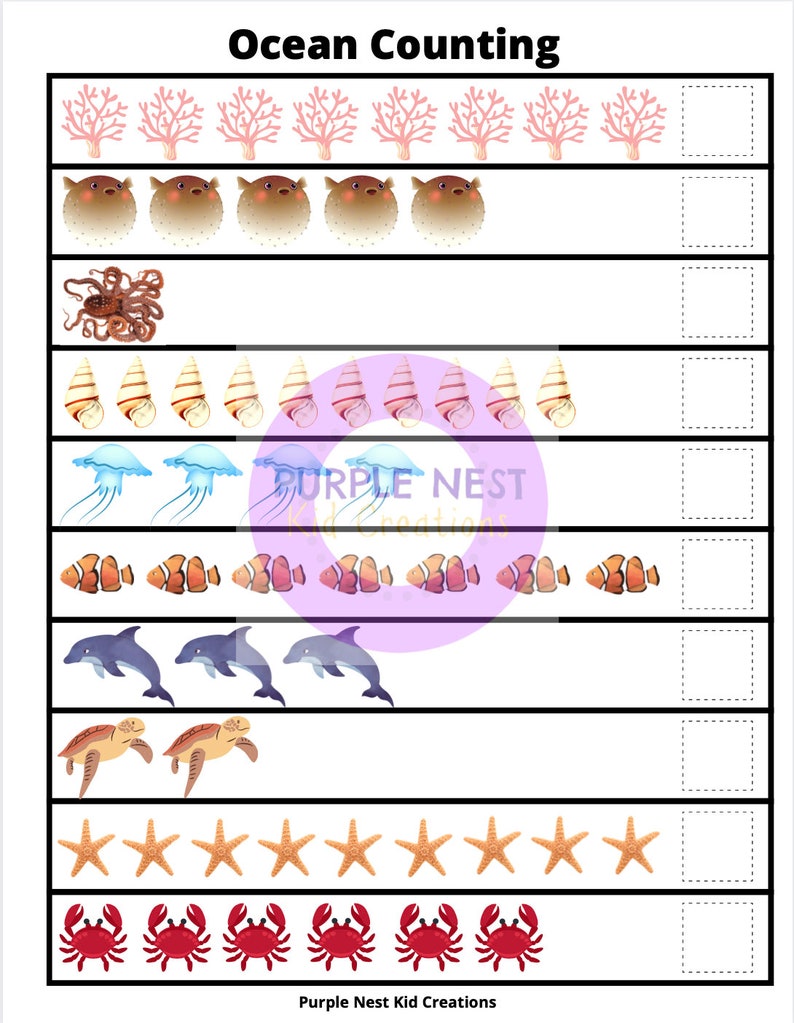 Ocean Counting Worksheet Counting Game Ocean Animals - Etsy
