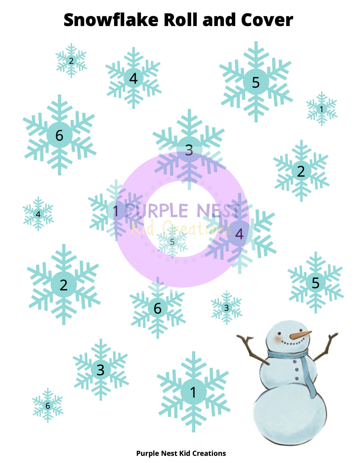 Snowflake Roll and Cover Worksheet Numbers 1-6 Counting | Etsy