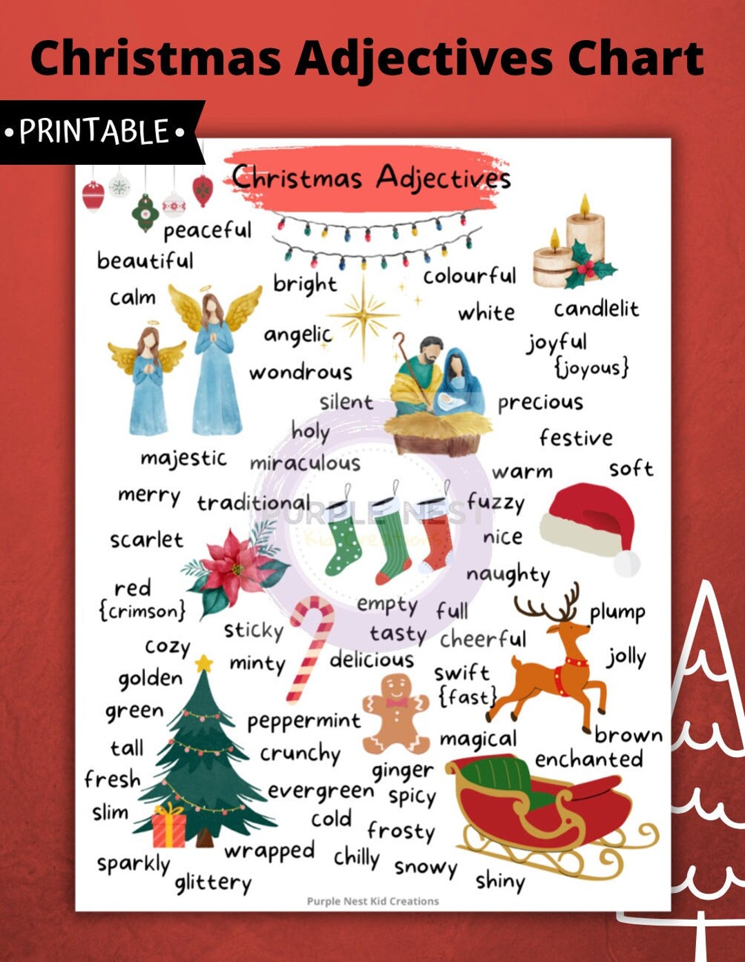 Christmas Adjectives Chart Winter Christmas Adjectives Writing Stories Writing Prompts Journaling Literacy Language Arts Homeschool Etsy UK