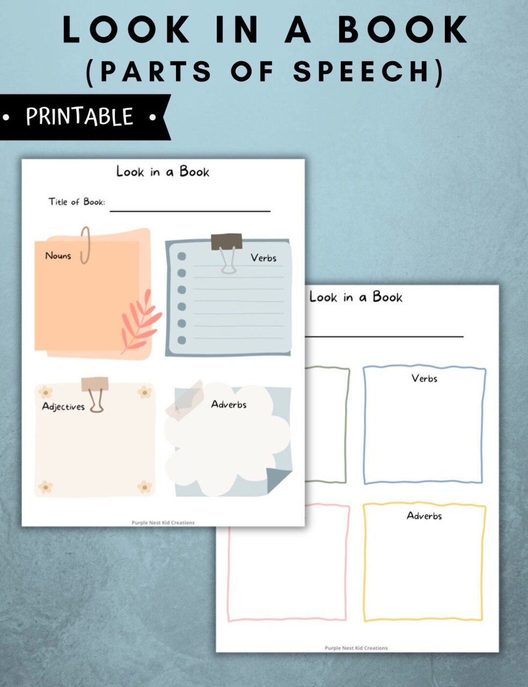 Look in a Book Worksheets, Parts of Speech, Nouns, Adjectives, Adverbs ...