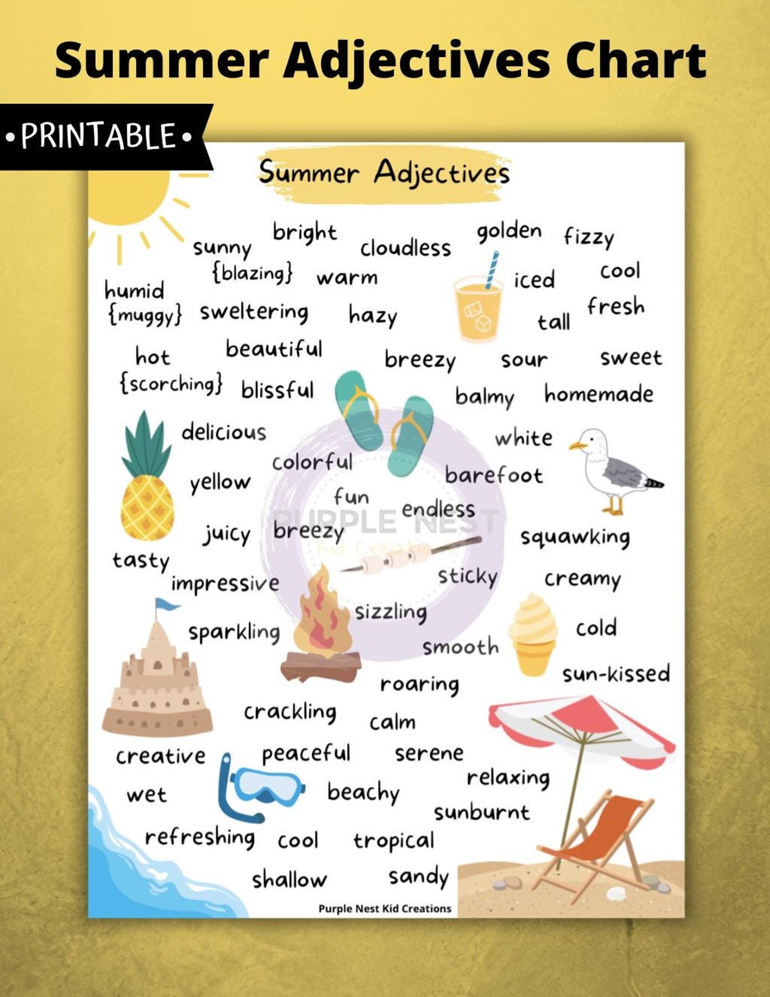 Summer Adjectives Chart: Writing Prompts Homeschool Literacy (digital ...