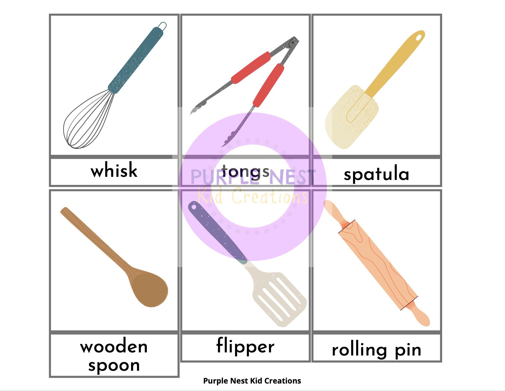 Kitchen Tools Flash Cards Montessori Nomenclature Three - Etsy