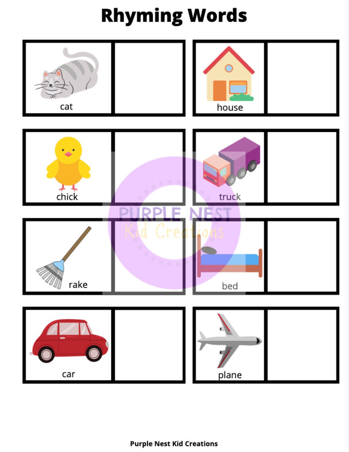 Rhyming Words Matching Worksheet Phonics Game Rhymes | Etsy