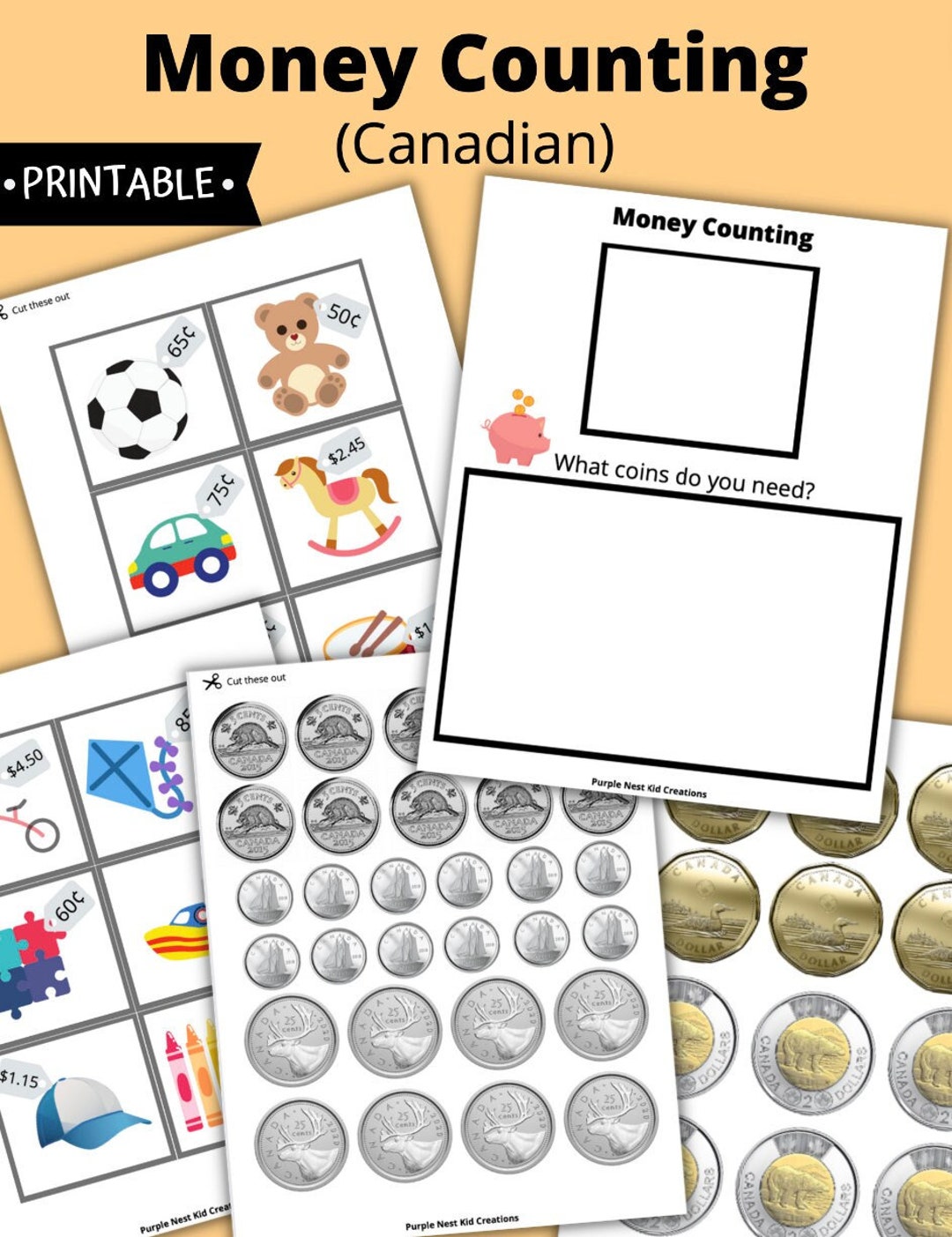 Money Counting Worksheet, Canadian Coins, Counting Game, Educational ...