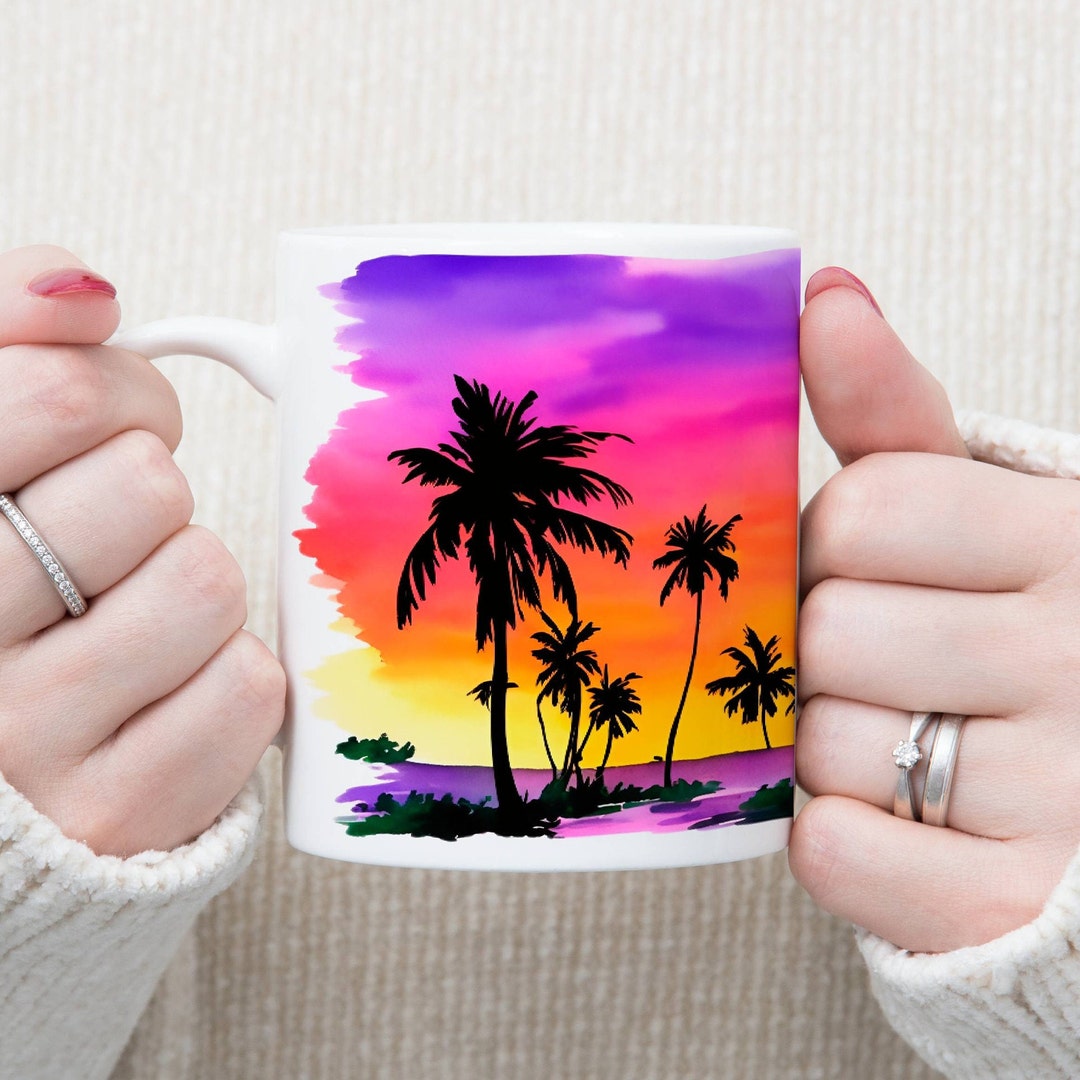 Serene Palm Trees: Watercolor Pastel Sky Ceramic Coffee Mug 11oz ...