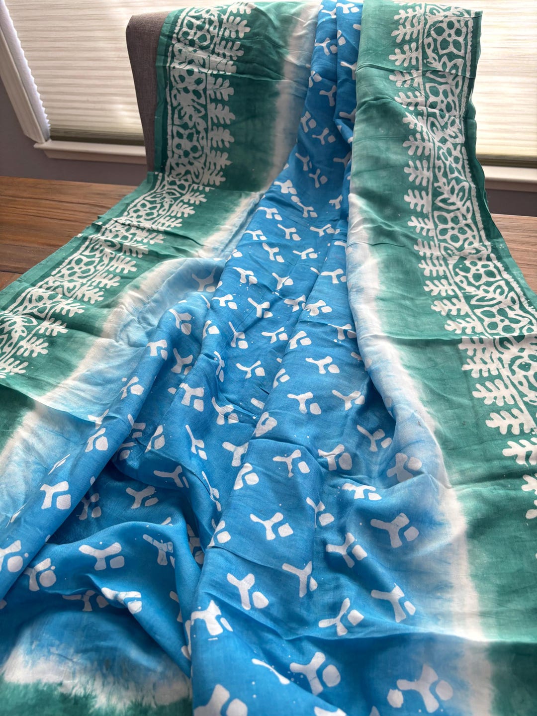 Vegetable Dyed Silk Batik Saree: Blue Green White Vegetable Dyed Silk ...