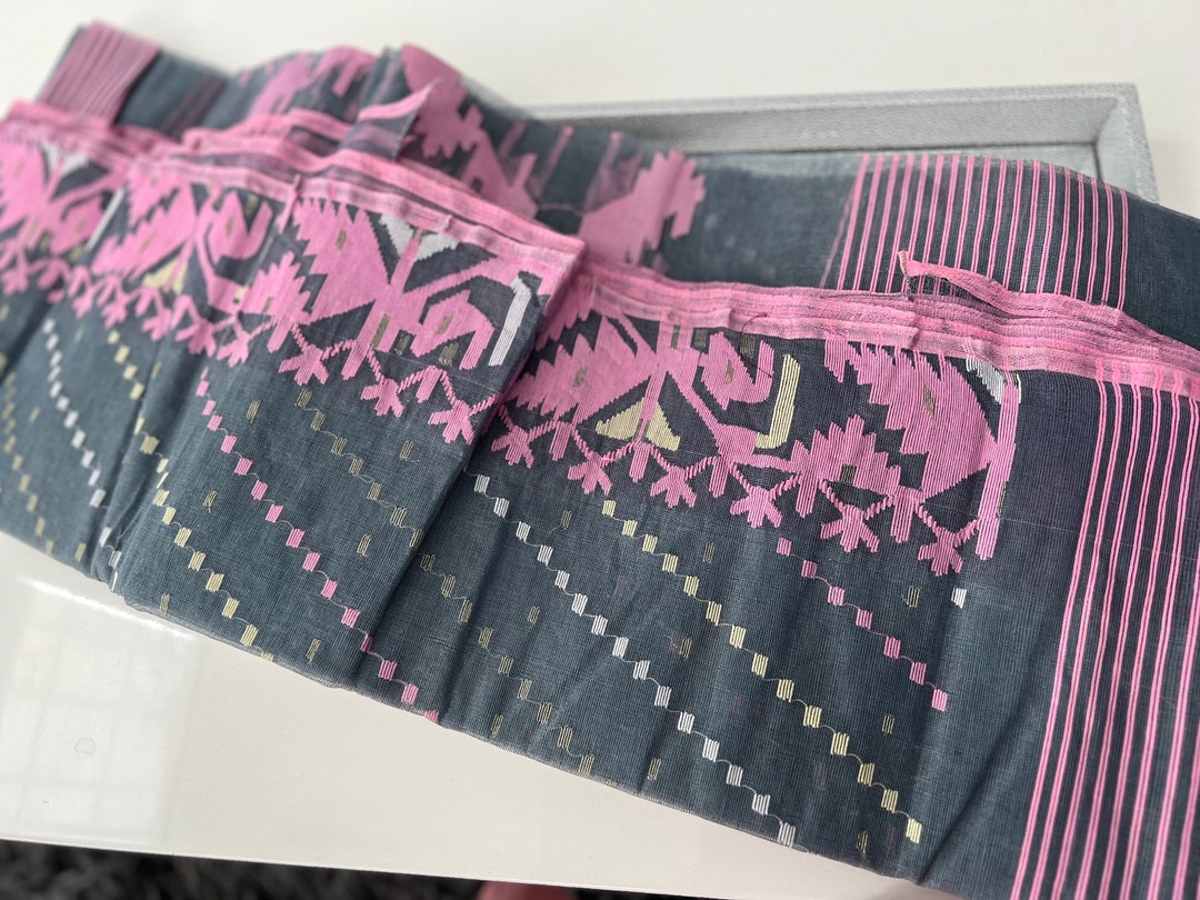 Handloom Dhakai Jamdani Saree From Bangladesh || Grey Pink Jamdani Half ...