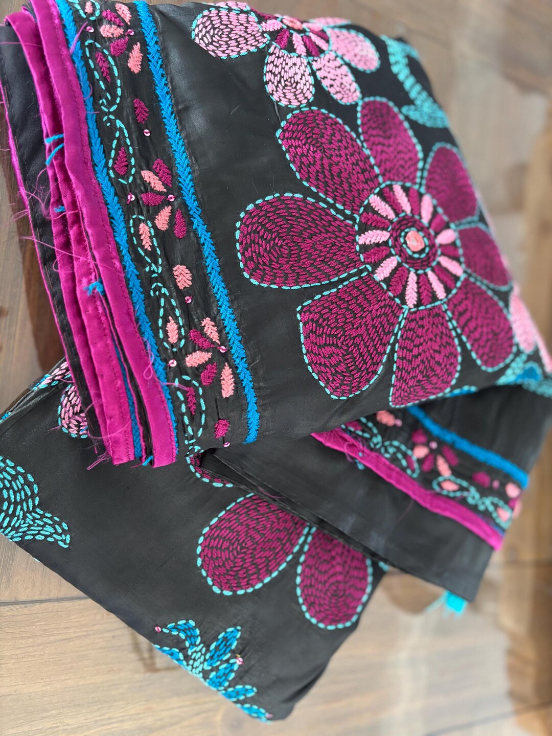 Black Hand Kantha Stitch Silk Saree|| Black Multi Color Floral Hand ...