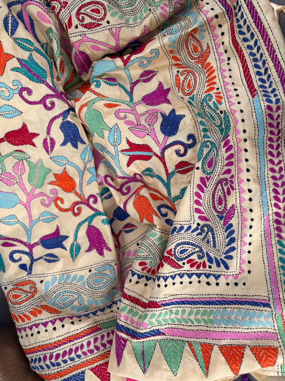 Pure Hand Kantha Stitch Silk Saree Light Yellow Katha Stitch Saree ...