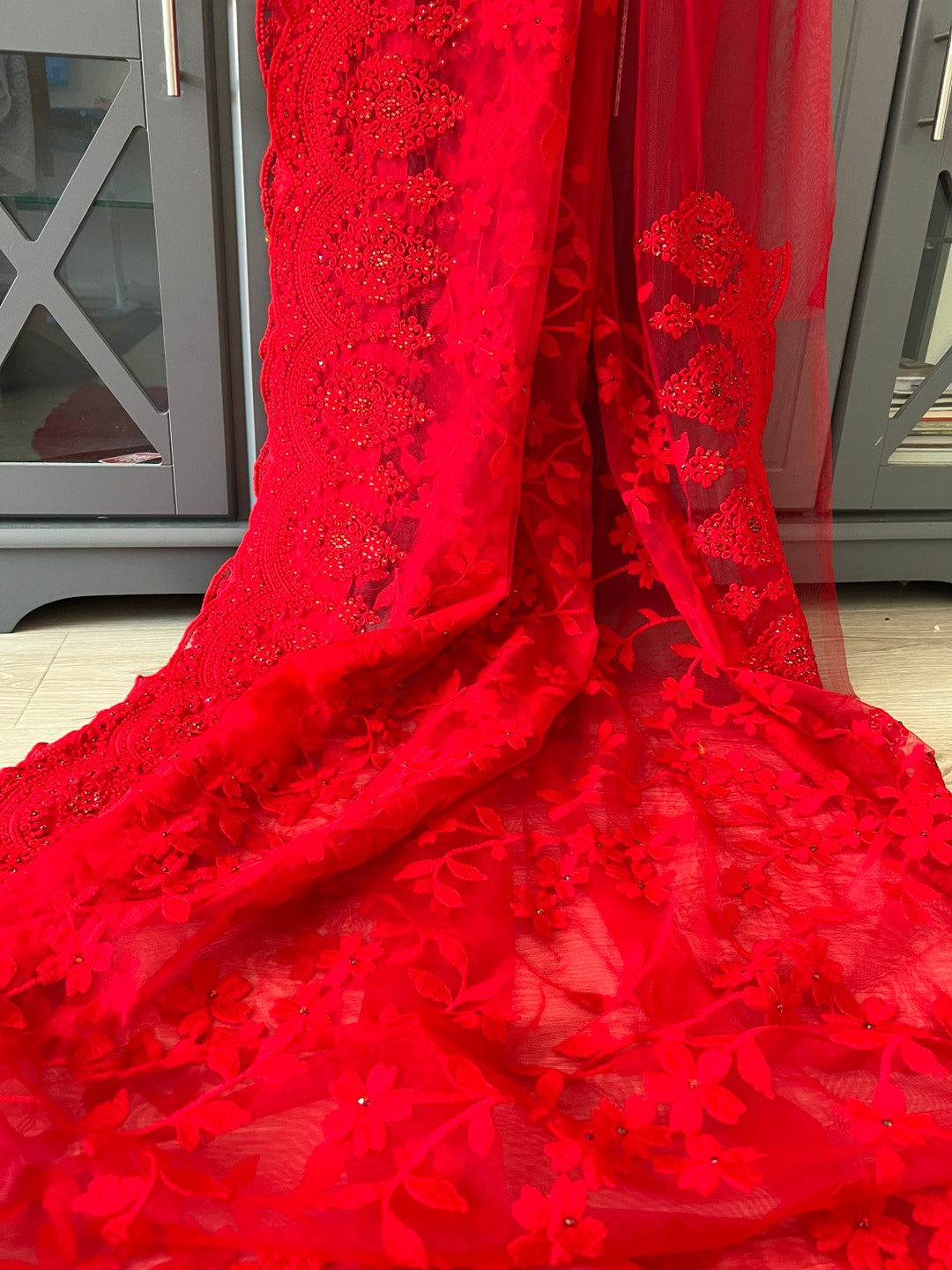 Red All Embroidered Net Silk Saree || Party Wear Saree || Stone Work ...