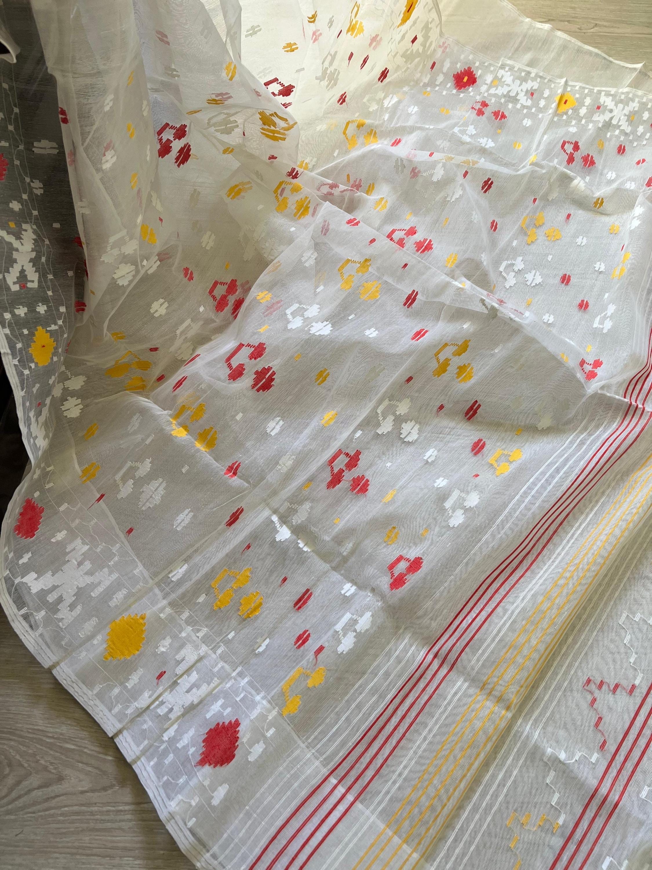 Boishakh Jamdani Saree - Handloom Dhakai Jamdani Saree, White & Multi ...