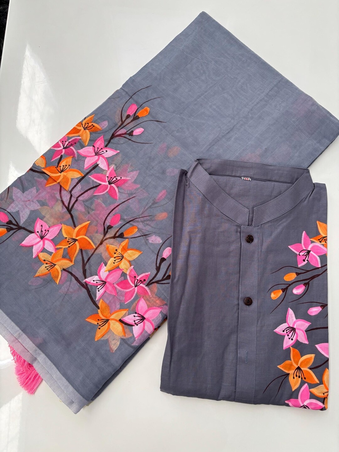 Matching Saree Panjabi Couple Set: Handpainted Floral Tangail Silk - Etsy