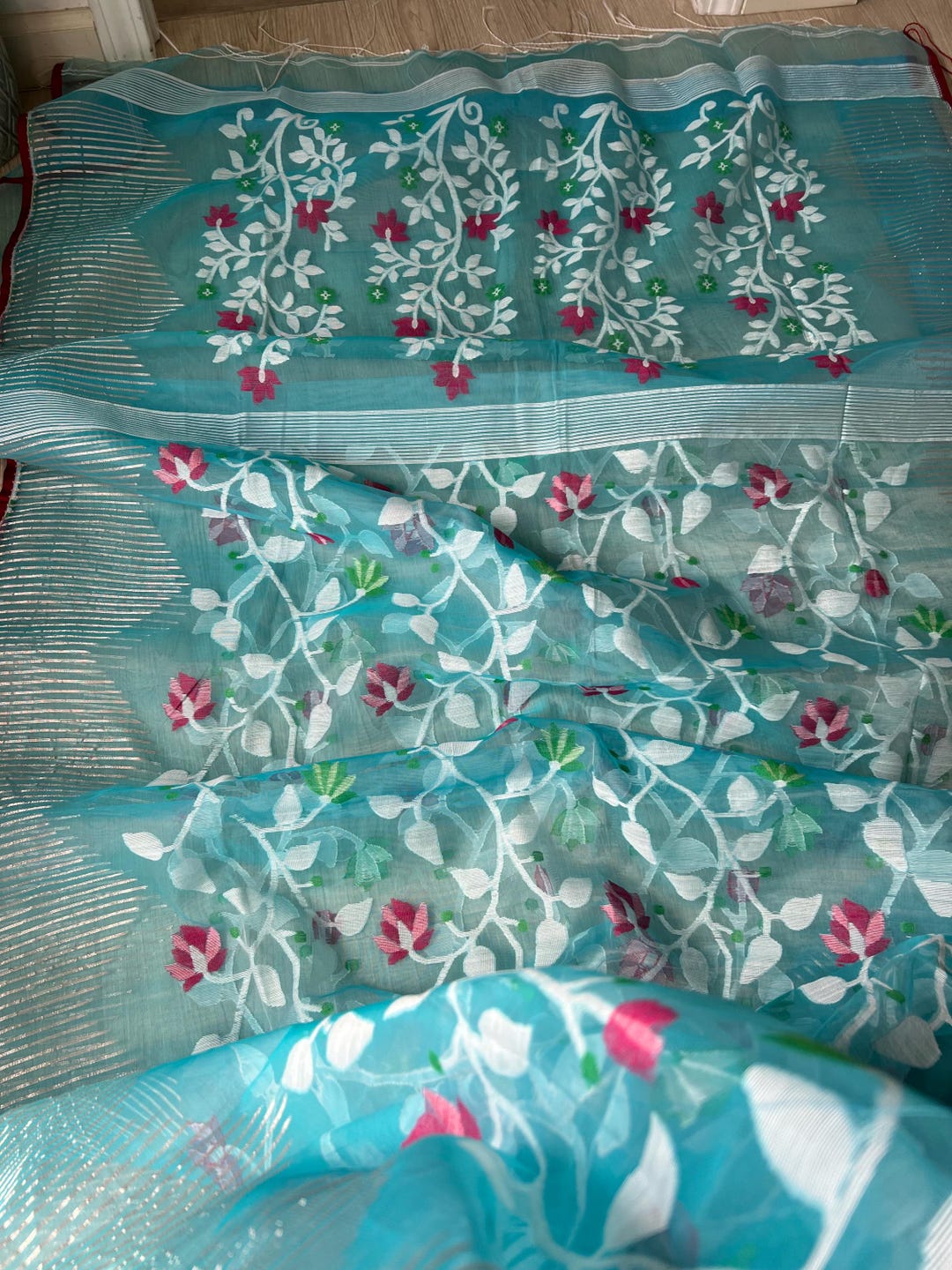 Firoza Blue Tantuja Saree: Resham Silk With Floral Design - Etsy